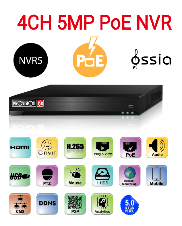 מערכת הקלטה לארבע מצלמות Provision 5mp NVR5-4100PX POE | אמ קי אלקטרוניקס